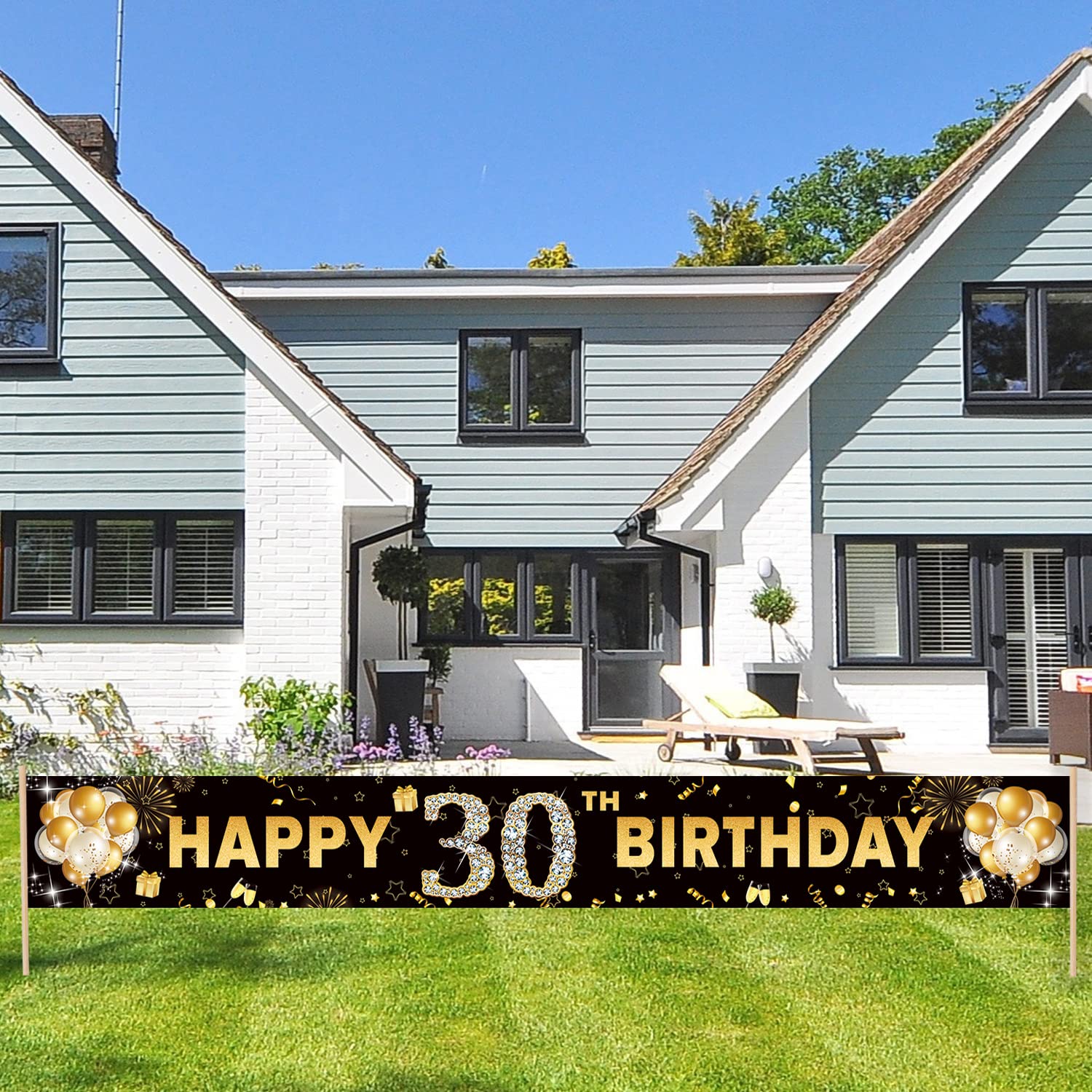30th Birthday Party Decorations Yard Banner for Women Men, Black Gold Thirty Year Old Birthday Party Decorations for Him Her, 157 x 20inch Extra Large Birthday Party Backdrop Supplies PHXEY