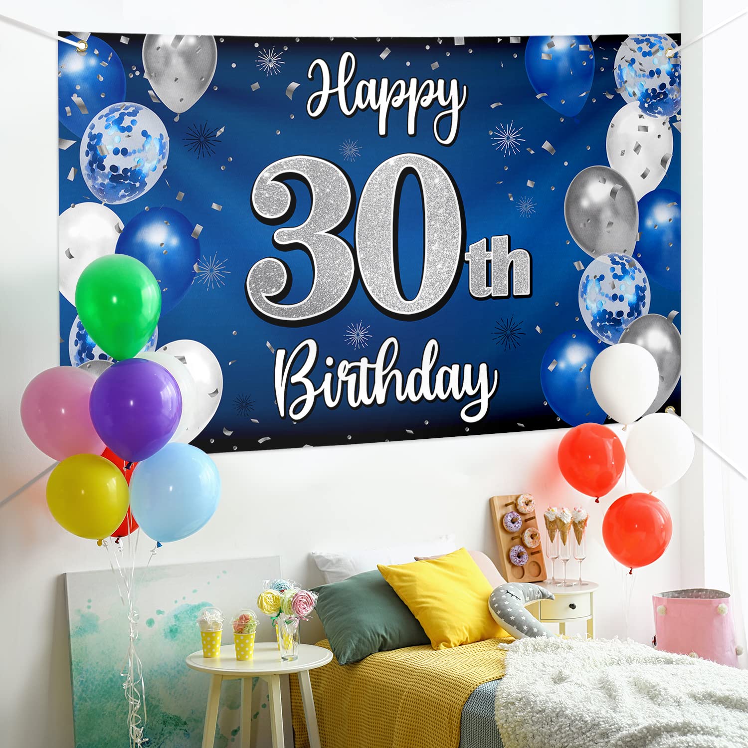 Nelbiirth Happy 30th Birthday Decorations,30th Blue & Silver Balloon Large Birthday Banner Backdrop Sign,Cheers to Thirty Years Old Bday Party Supplies.
