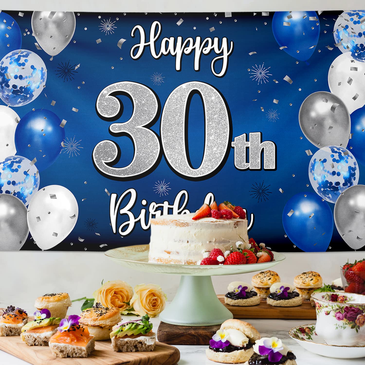 Nelbiirth Happy 30th Birthday Decorations,30th Blue & Silver Balloon Large Birthday Banner Backdrop Sign,Cheers to Thirty Years Old Bday Party Supplies.