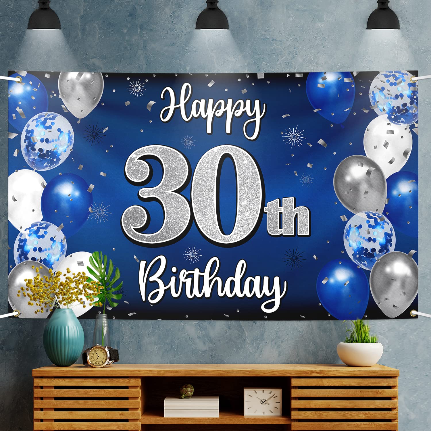 Nelbiirth Happy 30th Birthday Decorations,30th Blue & Silver Balloon Large Birthday Banner Backdrop Sign,Cheers to Thirty Years Old Bday Party Supplies.