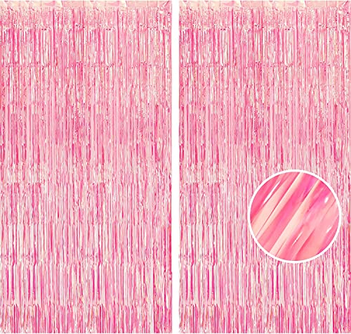 BRAVESHINE Party Decoration Iridescent Foil Fringe Backdrops - 2 Pack 3.2 x 6.5 ft Metallic Tinsel Photo Booth Pros Streamer Curtains for Birthday Wedding Graduation Christmas Holiday - Clear Pink