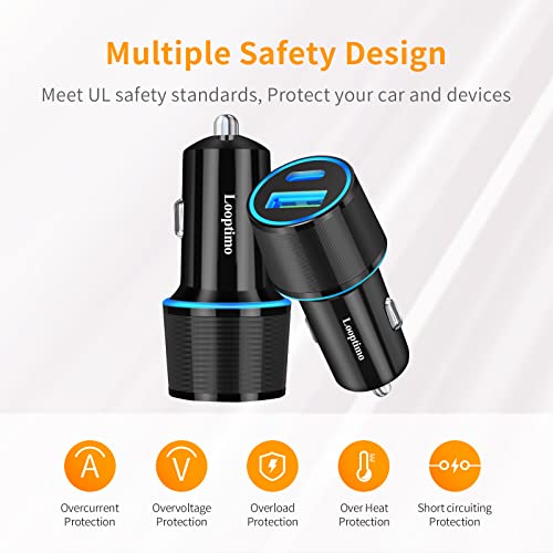 35W PD USB C Car Charger,Looptimo Type C Fast Charging Cigarette Lighter Adapter(2 Pack), Power Delivery 3.0 and 3A USB A Dual Port Compatible for Apple iPhone 14 Pro Max/14 Plus/14 Pro/13/12/11/XS/XR