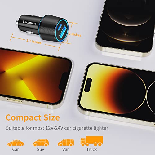 35W PD USB C Car Charger,Looptimo Type C Fast Charging Cigarette Lighter Adapter(2 Pack), Power Delivery 3.0 and 3A USB A Dual Port Compatible for Apple iPhone 14 Pro Max/14 Plus/14 Pro/13/12/11/XS/XR