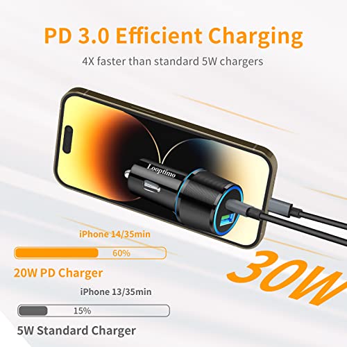 35W PD USB C Car Charger,Looptimo Type C Fast Charging Cigarette Lighter Adapter(2 Pack), Power Delivery 3.0 and 3A USB A Dual Port Compatible for Apple iPhone 14 Pro Max/14 Plus/14 Pro/13/12/11/XS/XR
