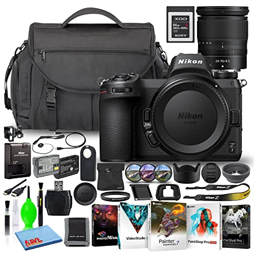 Nikon Z7 45.7MP Mirrorless Digital Camera with 24-70mm Lens (1594) Deluxe Bundle with Sony 64GB XQD Memory Card + Large Camera Bag + Corel Editing Software + Extra Battery + Filter Kit (Renewed)