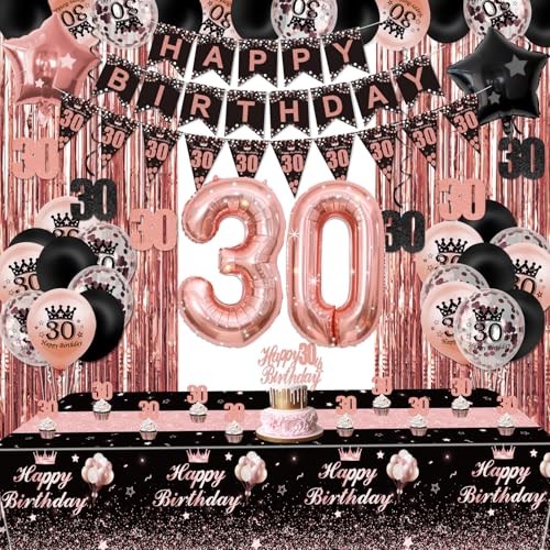 30th Black and Rose Gold Party Decorations - Happy Birthday Banner, Pennant, Birthday Balloons, Fringe Curtains, Tablecloth, Cake Topper, Hanging Swirls 30th Birthday Decorations for Women Princess