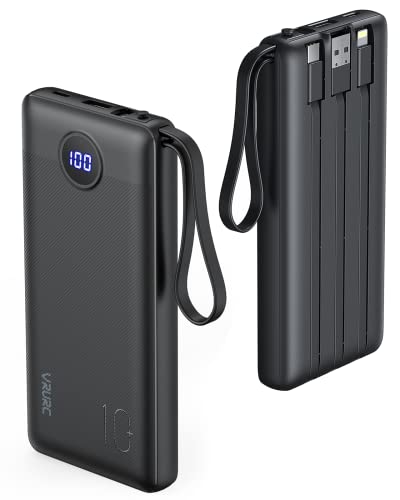Portable Charger with Built in Cables,VRURC 10000mAh Ultra Slim USB C Power Bank,5 Output 2 Input LED Display External Battery Pack Phone Charger Compatible with Smart Devices and Cell Phones(1 Pack)