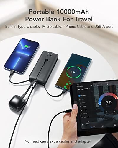 VRURC Portable Charger with Built-in Cables & AC Wall Plug, 22.5W Fast Charging 10000mAh Battery Pack(QC4.0 & PD3.0), USB C Power Bank with 4 Output 2 Input, Compatible with iPhone Samsung Android etc