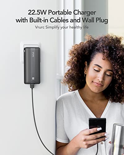 VRURC Portable Charger with Built-in Cables & AC Wall Plug, 22.5W Fast Charging 10000mAh Battery Pack(QC4.0 & PD3.0), USB C Power Bank with 4 Output 2 Input, Compatible with iPhone Samsung Android etc