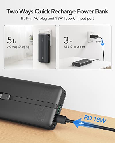 VRURC Portable Charger with Built-in Cables & AC Wall Plug, 22.5W Fast Charging 10000mAh Battery Pack(QC4.0 & PD3.0), USB C Power Bank with 4 Output 2 Input, Compatible with iPhone Samsung Android etc