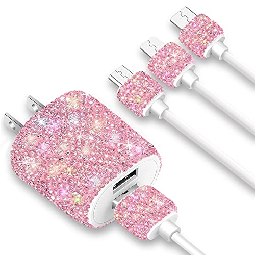 Bling USB Wall Charger with Charging Cable,Fast Block for iPhone Android,3-in-1 Multi Charger Cable Micro USB Type C Multiple USB Cord with Crystal Decor,Cell Phone Accessories for Women,Girls (Pink)