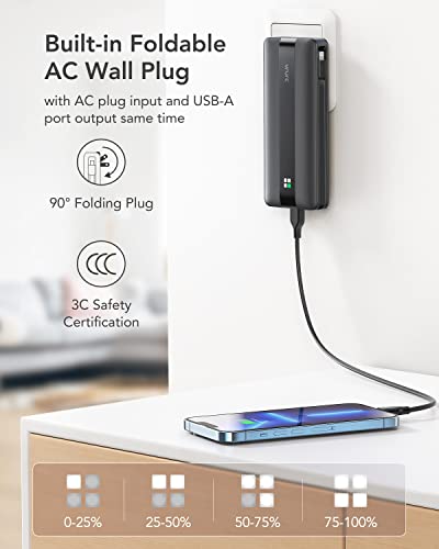 VRURC Portable Charger with Built-in Cables & AC Wall Plug, 22.5W Fast Charging 10000mAh Battery Pack(QC4.0 & PD3.0), USB C Power Bank with 4 Output 2 Input, Compatible with iPhone Samsung Android etc