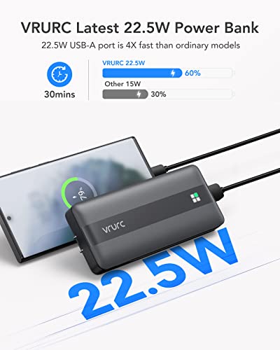 VRURC Portable Charger with Built-in Cables & AC Wall Plug, 22.5W Fast Charging 10000mAh Battery Pack(QC4.0 & PD3.0), USB C Power Bank with 4 Output 2 Input, Compatible with iPhone Samsung Android etc