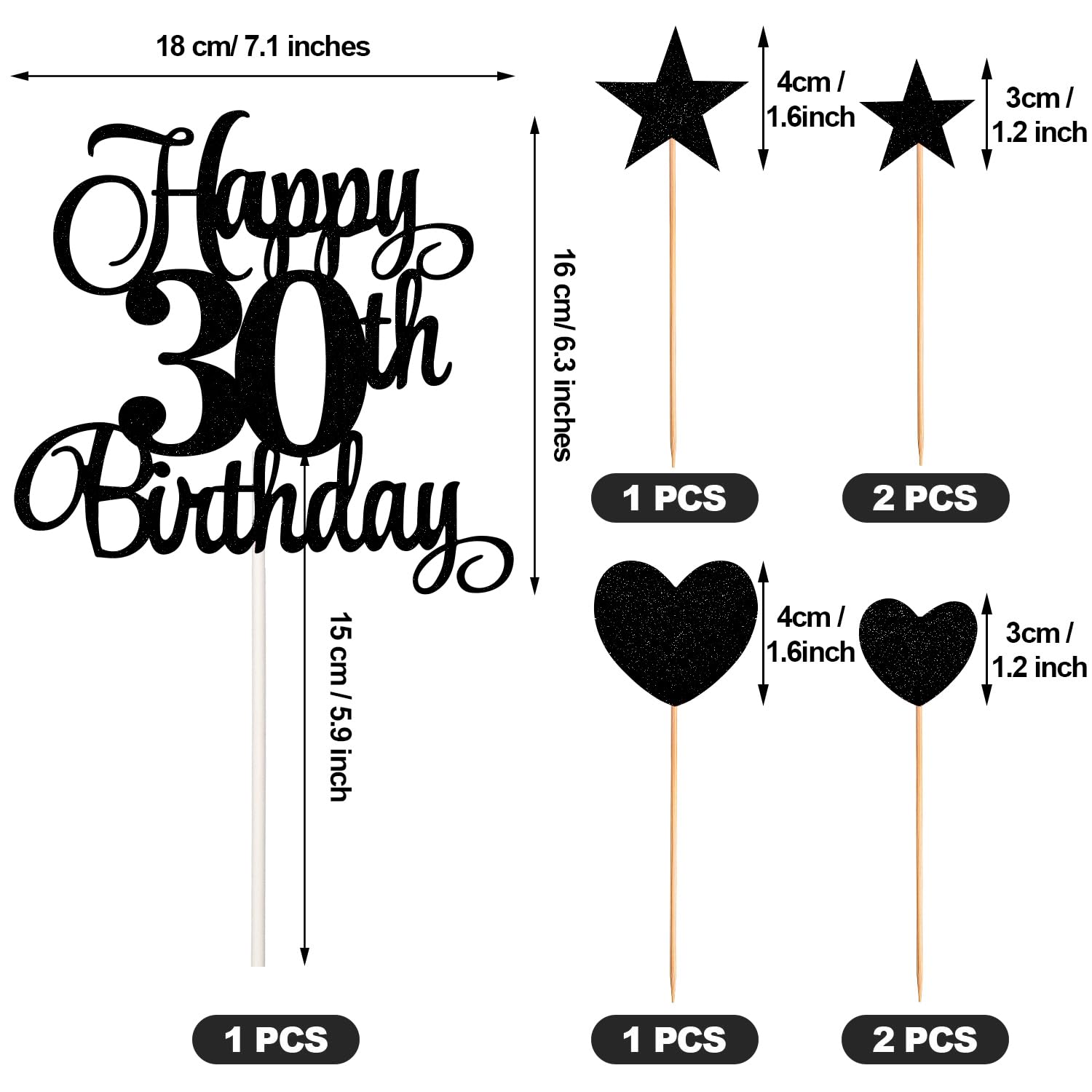 30th Birthday Cake Decorations Set Include 30th Birthday Candles Numeral 30 Cake Candles and Happy 30th Birthday Cake Toppers with Heart Star Cupcake Picks for Birthday Party (Black Series)
