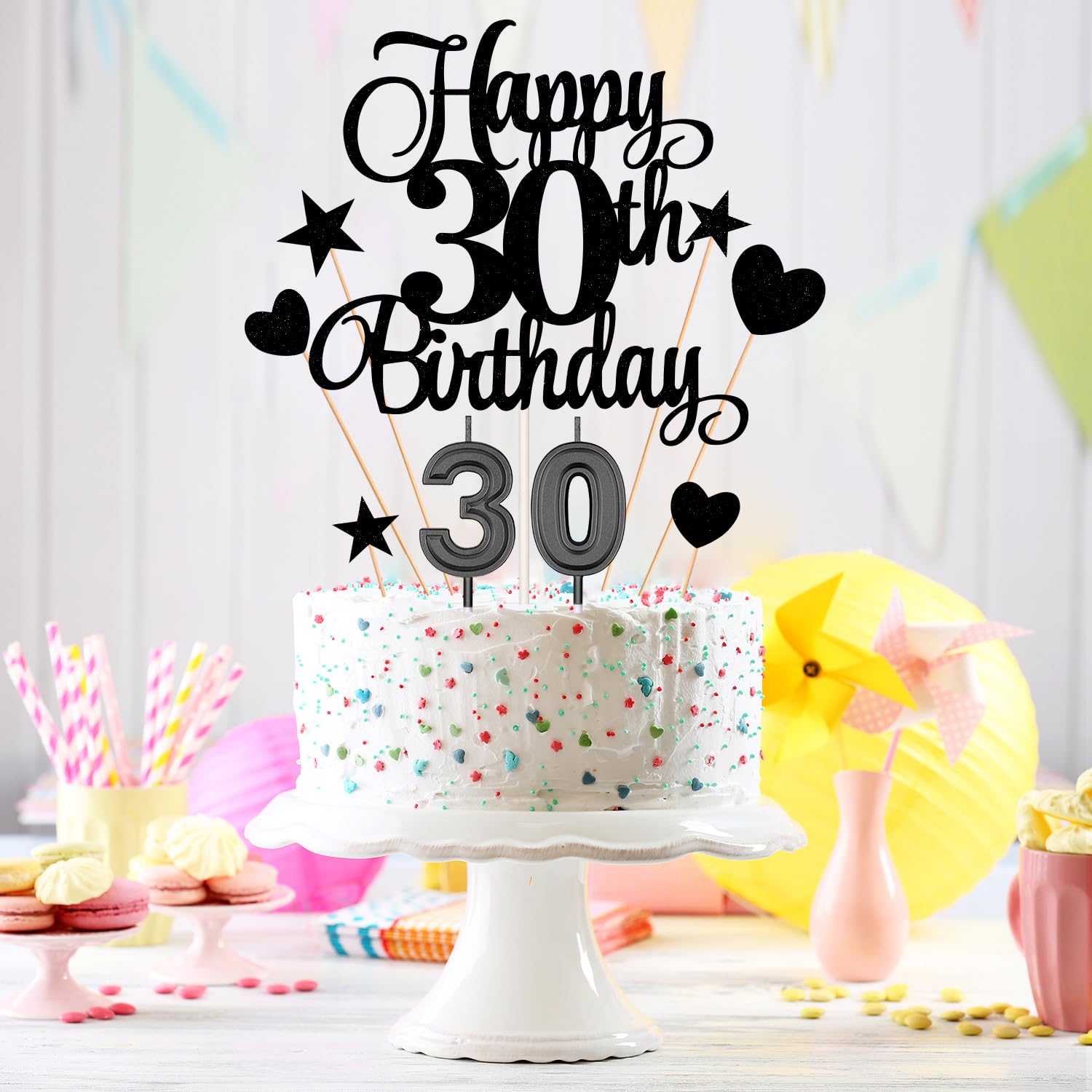 30th Birthday Cake Decorations Set Include 30th Birthday Candles Numeral 30 Cake Candles and Happy 30th Birthday Cake Toppers with Heart Star Cupcake Picks for Birthday Party (Black Series)