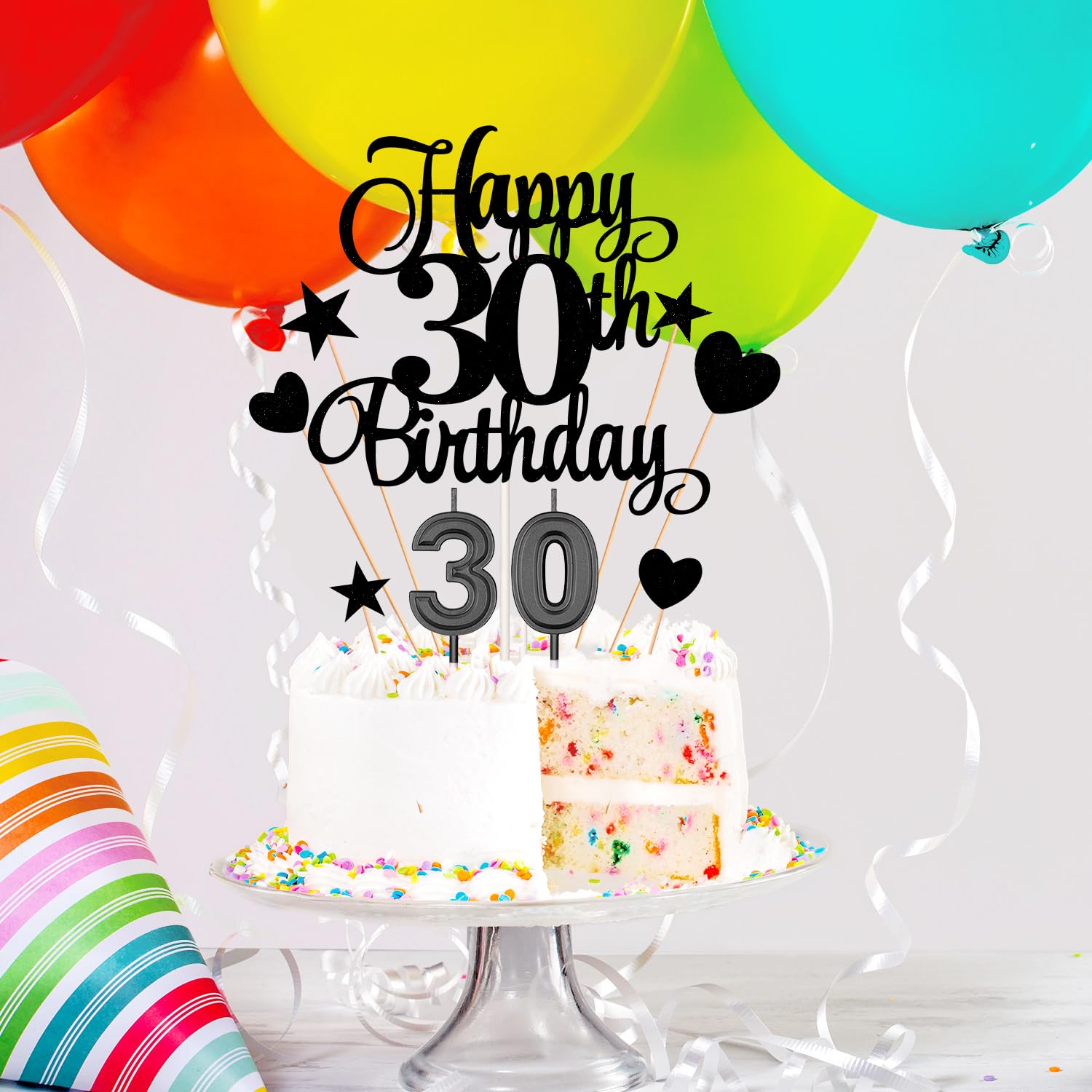 30th Birthday Cake Decorations Set Include 30th Birthday Candles Numeral 30 Cake Candles and Happy 30th Birthday Cake Toppers with Heart Star Cupcake Picks for Birthday Party (Black Series)