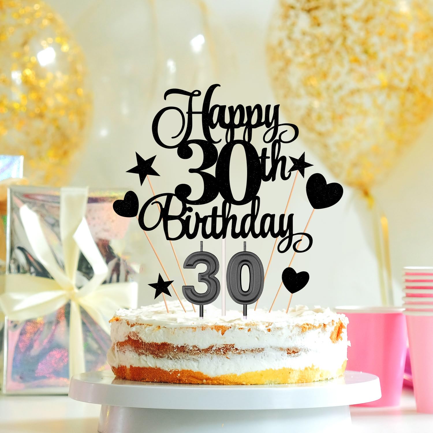 30th Birthday Cake Decorations Set Include 30th Birthday Candles Numeral 30 Cake Candles and Happy 30th Birthday Cake Toppers with Heart Star Cupcake Picks for Birthday Party (Black Series)