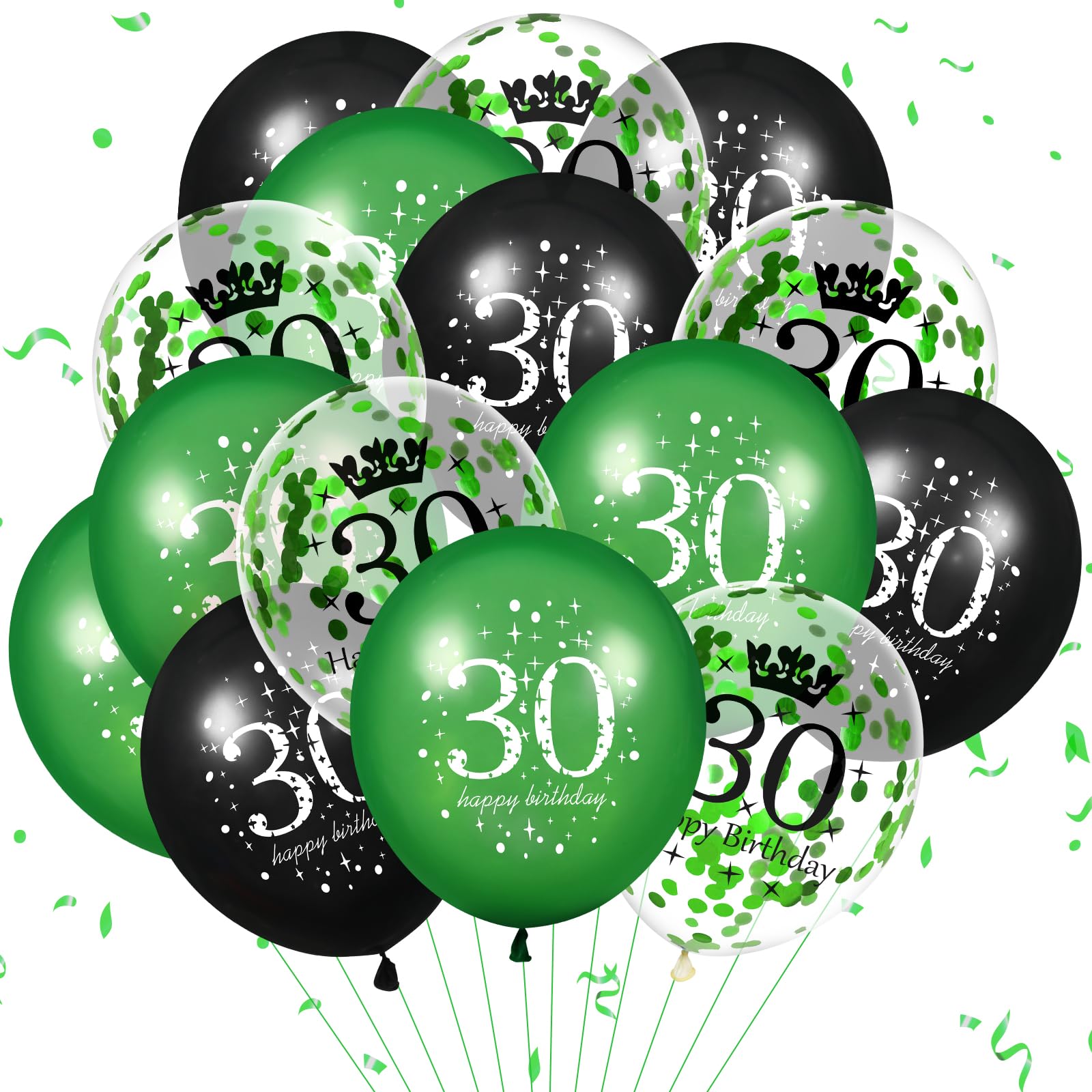 30th Green Birthday Balloons Decorations,15PCS Green and Black 30th Happy Birthday Balloons for Women Men 30 Years Old Anniversary Party Latex Inflatable Clear Confetti Balloon Indoor Outdoor Supplies