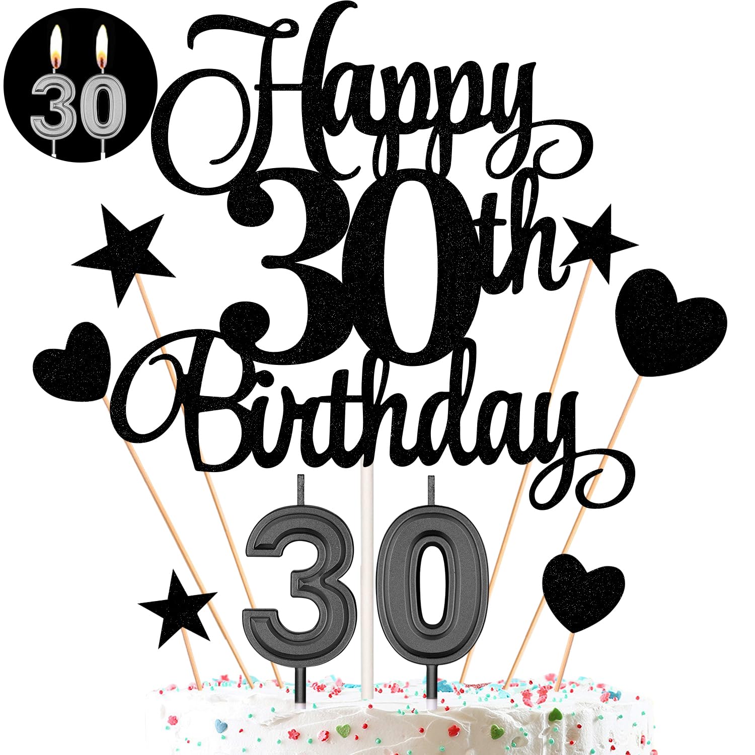 30th Birthday Cake Decorations Set Include 30th Birthday Candles Numeral 30 Cake Candles and Happy 30th Birthday Cake Toppers with Heart Star Cupcake Picks for Birthday Party (Black Series)