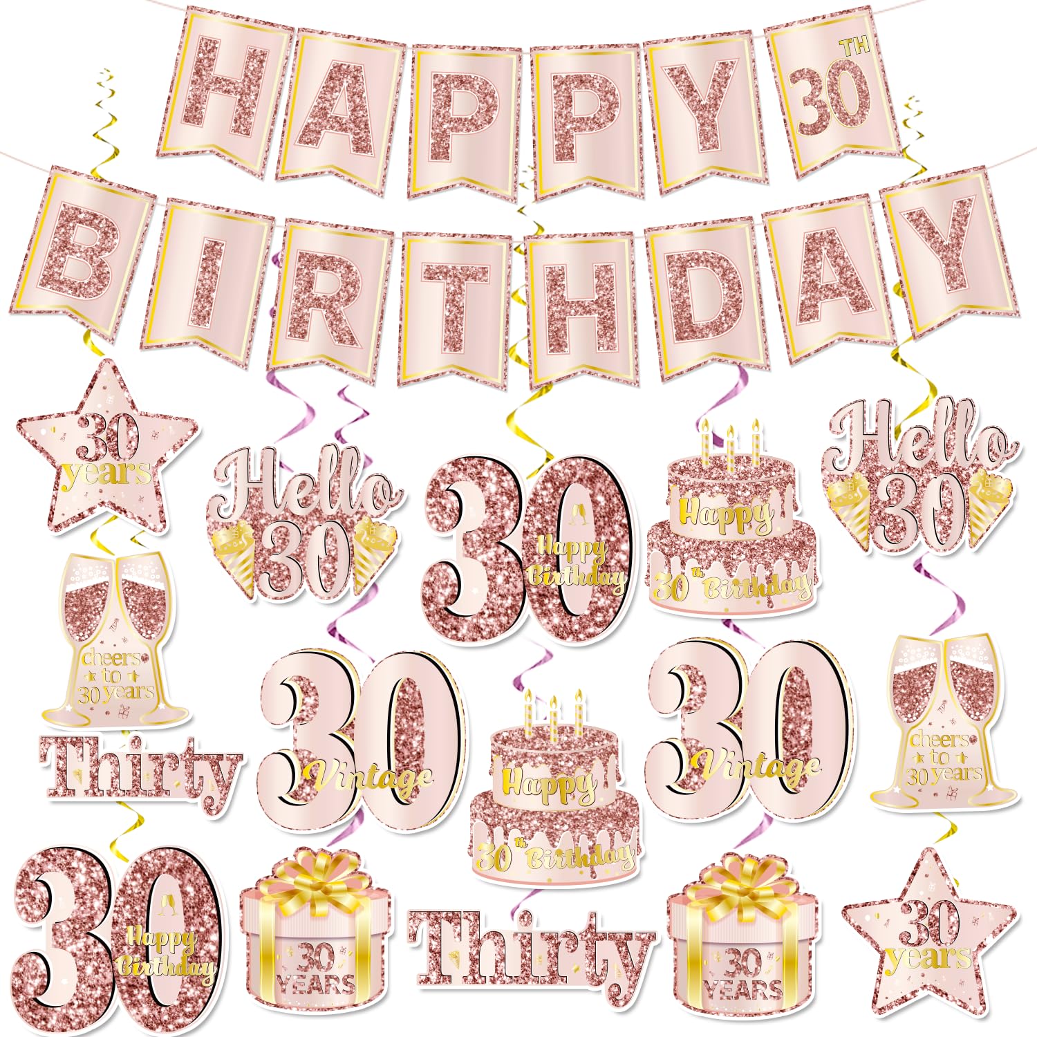 30th Birthday Decorations for Women, Rose Gold 30th Birthday Decorations Includes 30th Birthday Banner and Hanging Swirls for Women, 30th Birthday Party Supplies 17PCS