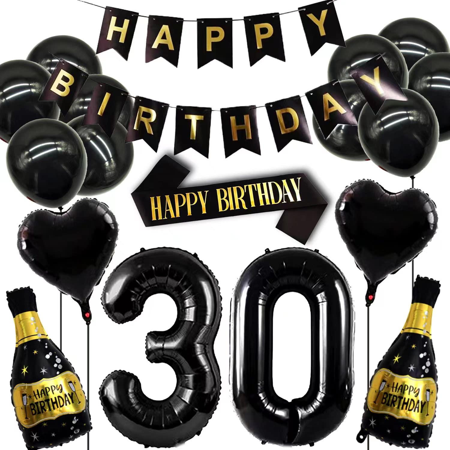 30th Birthday Decorations for Women & Men, All-Black 30th Birthday Decor, Party Decorations Large Number 30 Balloons