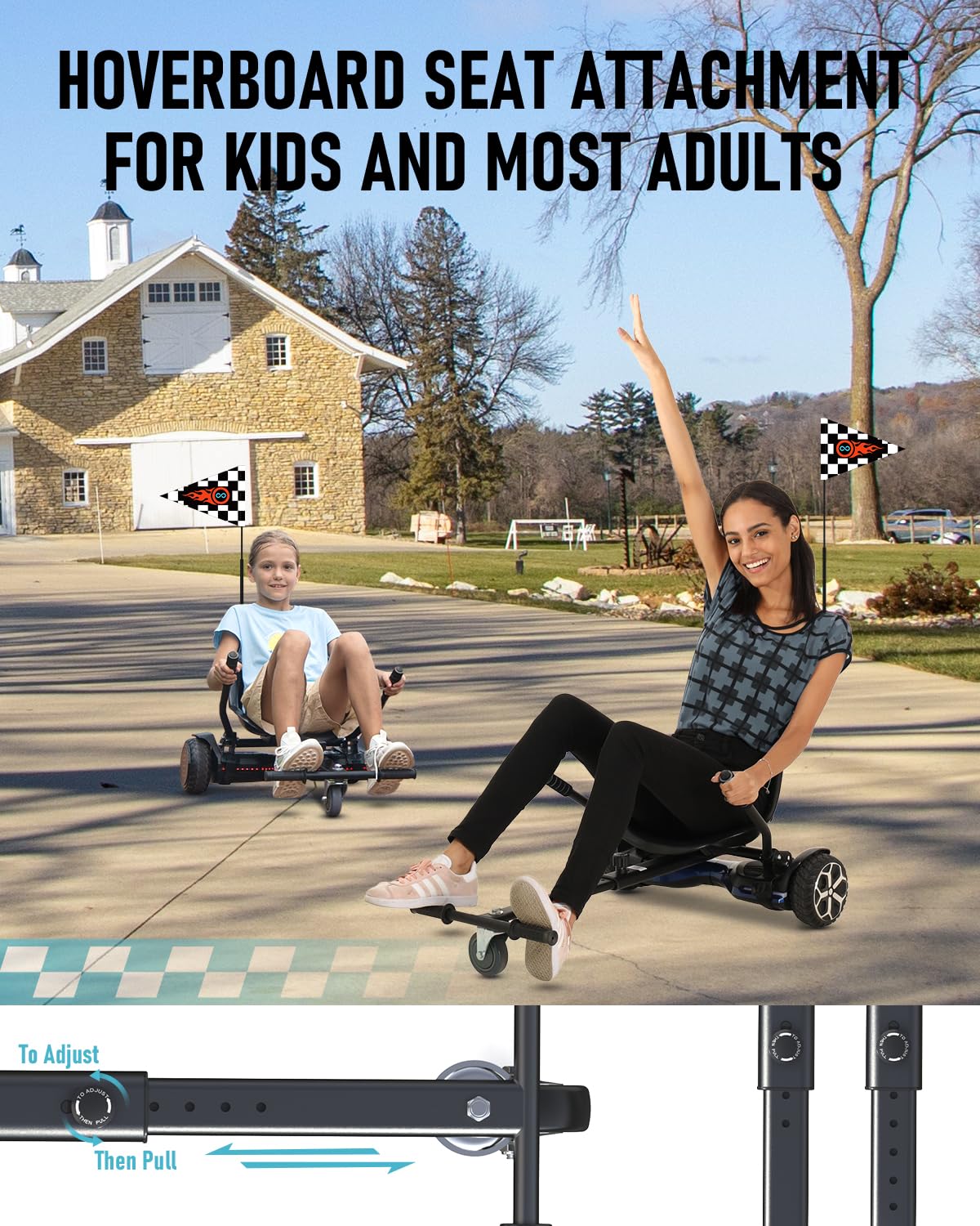 Gyroor Hoverboard Seat Attachment K1, Hover Board Accessory Go Kart with Adjustable Frame Length Compatible with 6.5'' 8'' 10'' Hoverboard, Best Hoverboard Go Kart for Kids and Adults-Black