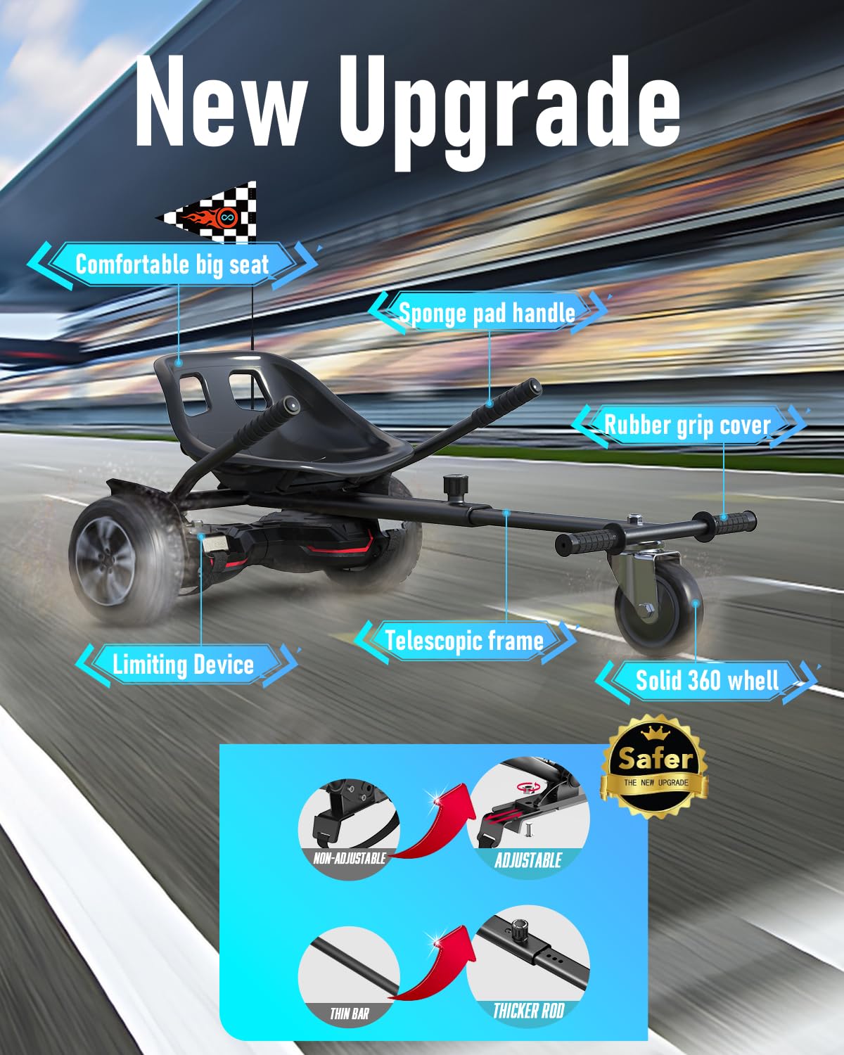 Gyroor Hoverboard Seat Attachment K1, Hover Board Accessory Go Kart with Adjustable Frame Length Compatible with 6.5'' 8'' 10'' Hoverboard, Best Hoverboard Go Kart for Kids and Adults-Black
