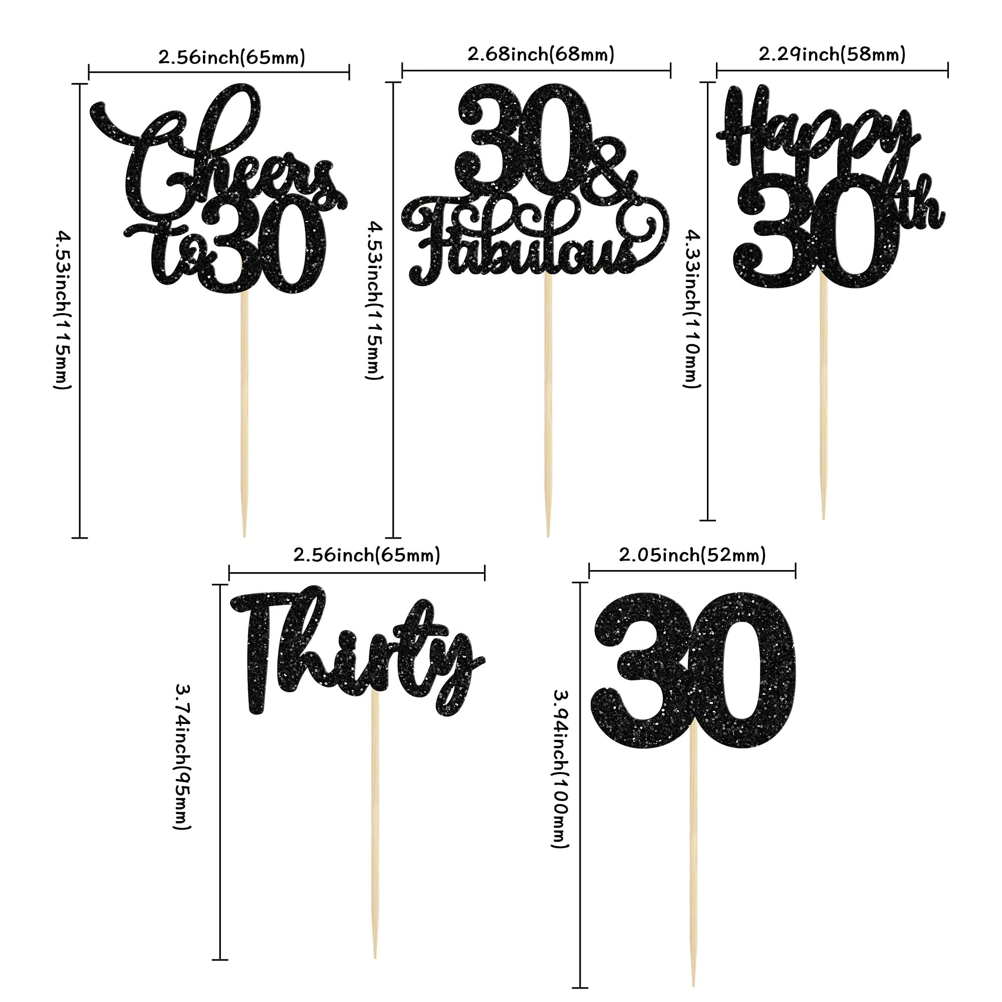 30 Pack Happy 30th Birthday Cupcake Toppers Black Glitter Thirty Cheers to 30 Birthday Cupcake Picks for Happy 30th Birthday Anniversary Party Cake Decorations Supplies