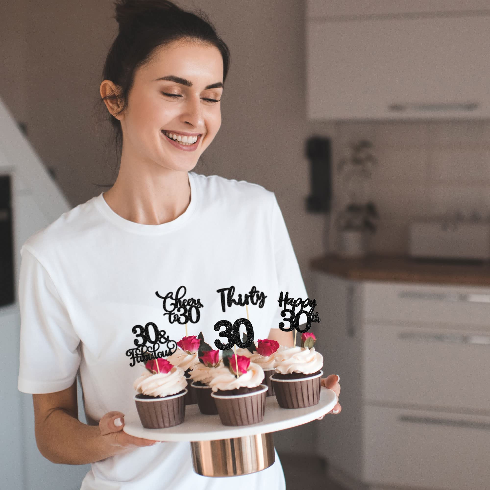 30 Pack Happy 30th Birthday Cupcake Toppers Black Glitter Thirty Cheers to 30 Birthday Cupcake Picks for Happy 30th Birthday Anniversary Party Cake Decorations Supplies