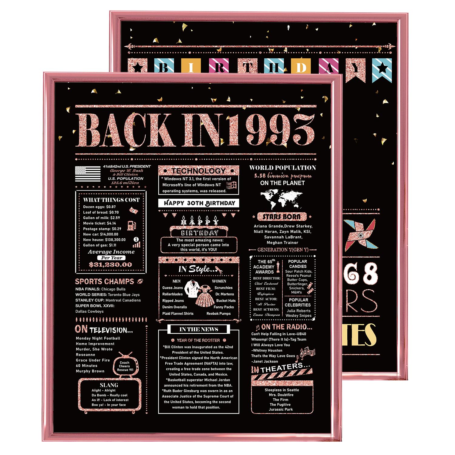 BGTCARDS 30th Birthday Posters, 2 Pieces 30th Birthday Decorations for Women, 30th Birthday Gifts for Her, Back in 1993 Birthday Poster (Unframed), 8x10 Inch, Rose Gold (1993RG2)