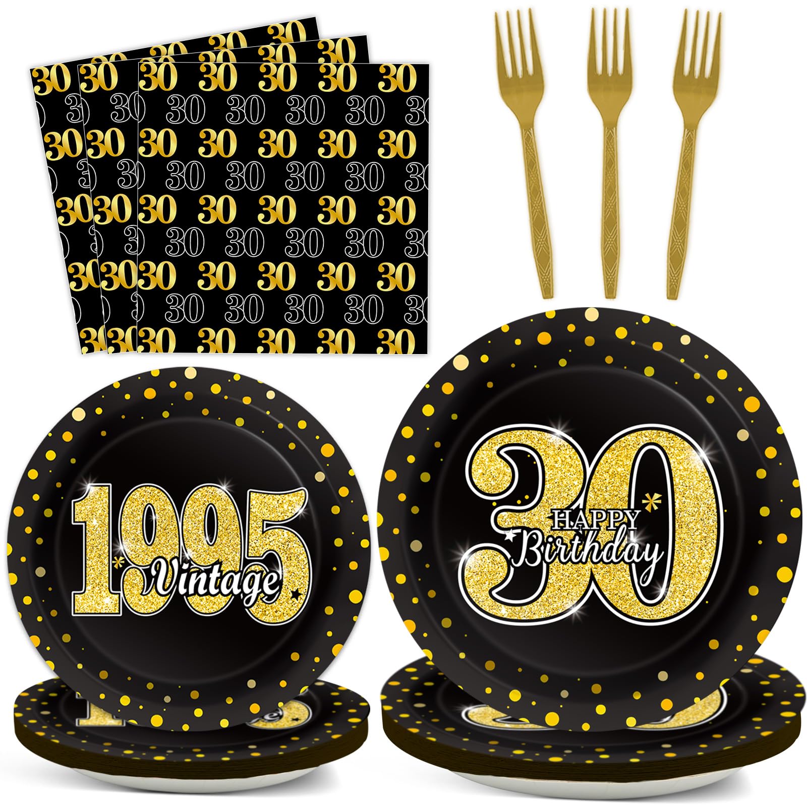 96PCS 30th Theme Birthday Party Tableware Vintage 1995 Party Supplies 30 Year Old Birthday Party Decorations Plates Napkins Forks Black and Gold Dinnerware Favors for Men or Women