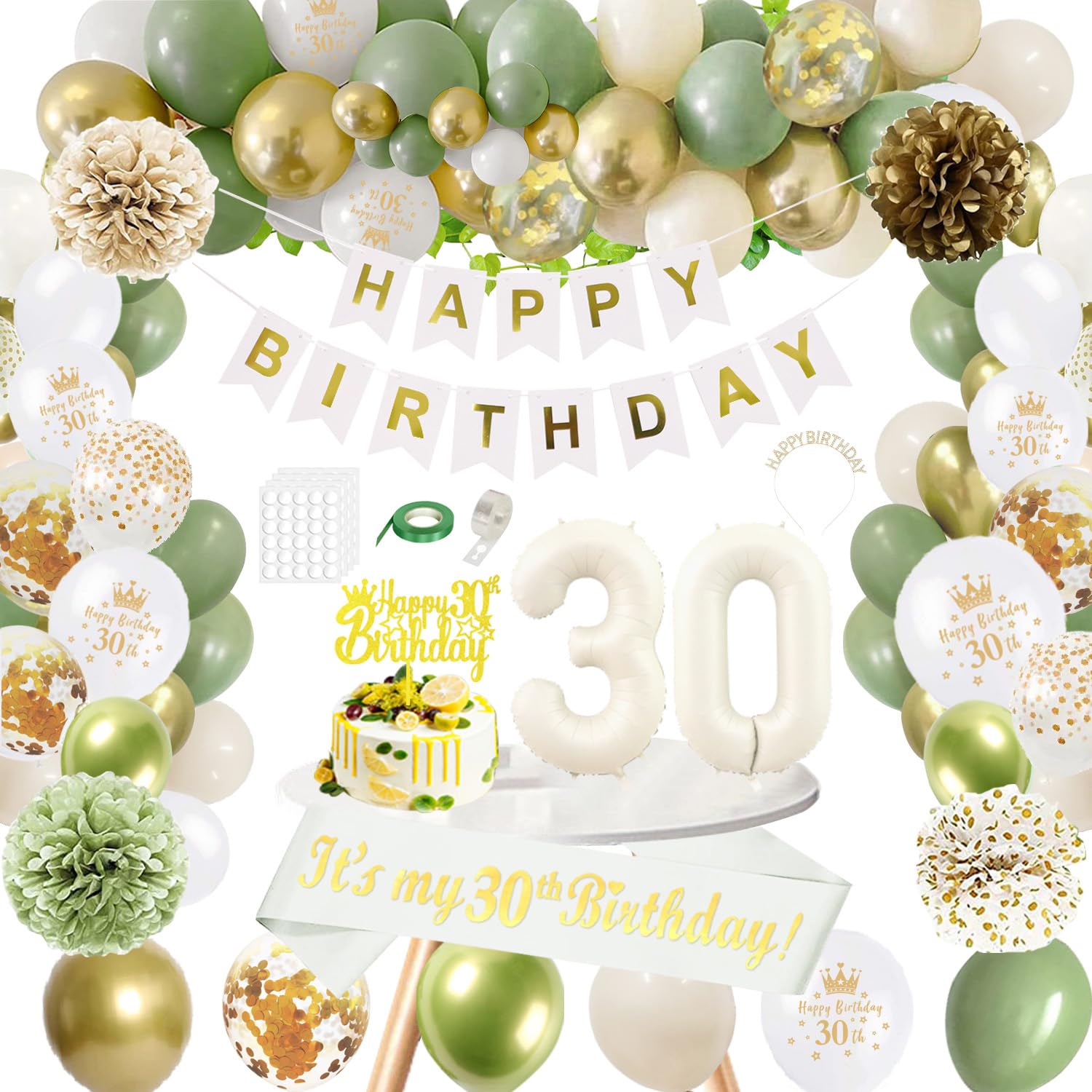 GYESXYW Sage Green 30th Birthday Decorations for Women, Olive Green and Gold 30th Birthday Decorations Set, Happy Birthday Banner, Birthday Sash, Crown, Confetti Balloons for Her Women Party Supplies