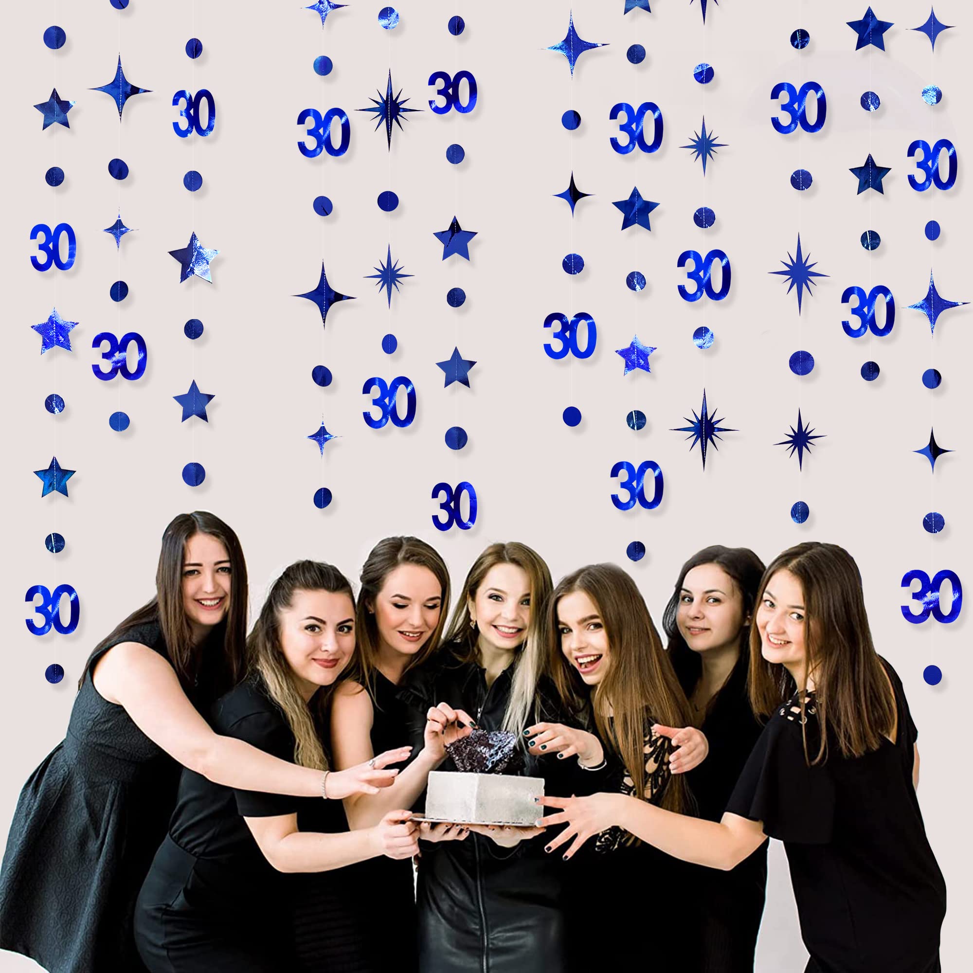 Navy Blue 30th Birthday Decorations Number 30 Circle Dot Twinkle Star Garland Metallic Streamer Bunting Banner Backdrop for Her Happy Dirty 30 Year Old Birthday Thirty Anniversary Party Supplies