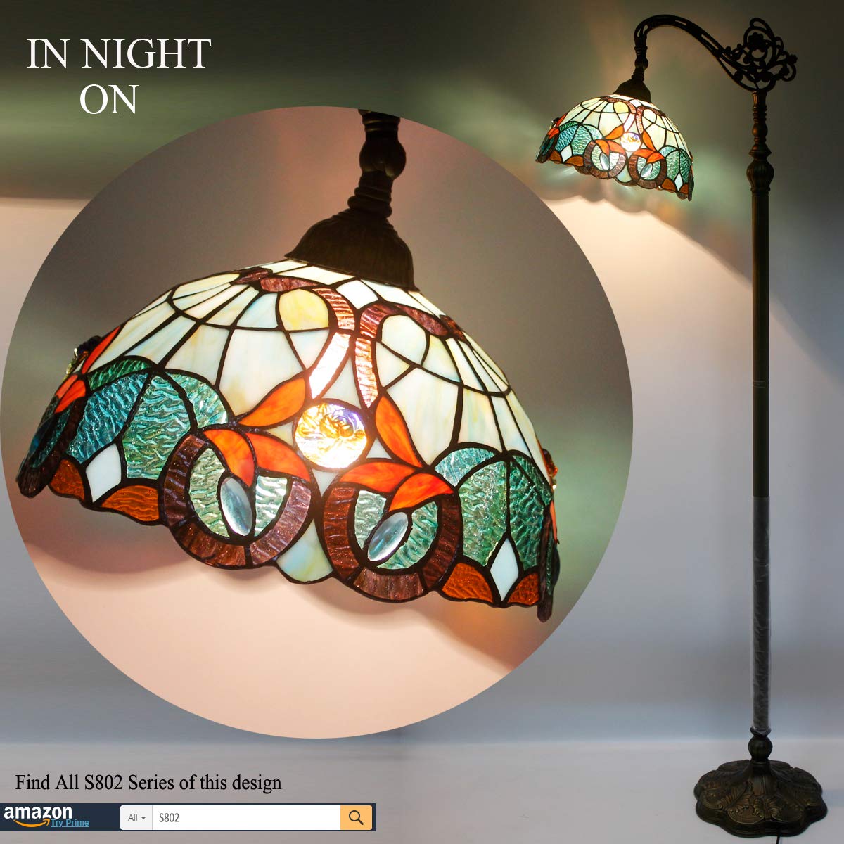 WERFACTORY Tiffany Floor Lamp Blue Floral Flower Stained Glass Arched Lamp 12X18X64 Inches Gooseneck Adjustable Corner Standing Reading Light Decor Bedroom Living Room S802 Series
