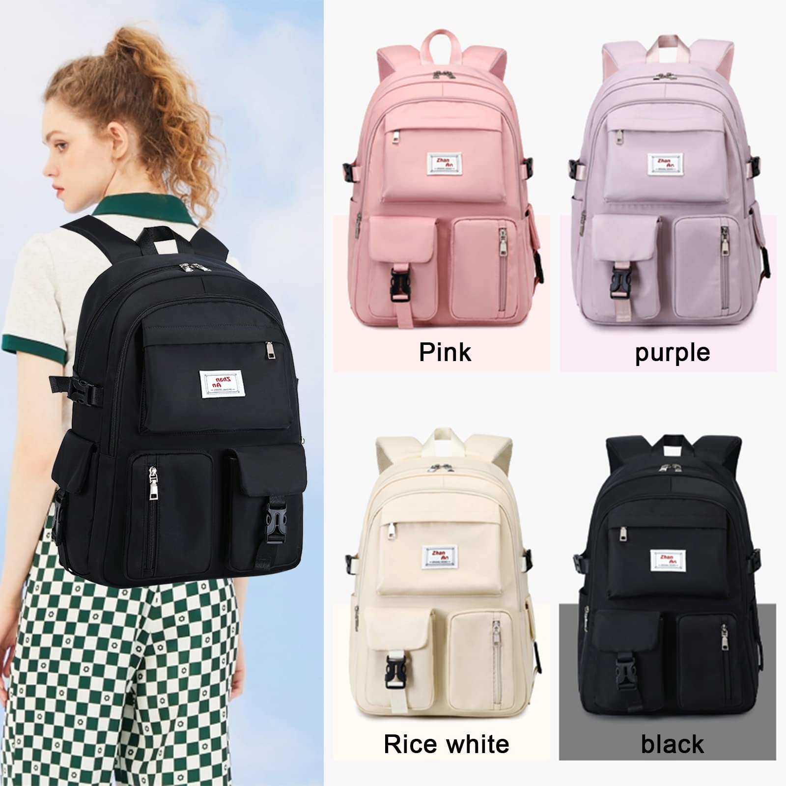 BEULPTN School Backpack for Girls Cute Bookbag for School Teens, Waterproof Travel Backpack for High Middle School Student for Laptop 15.6", Kawaii Casual Daypack Book Bag Black