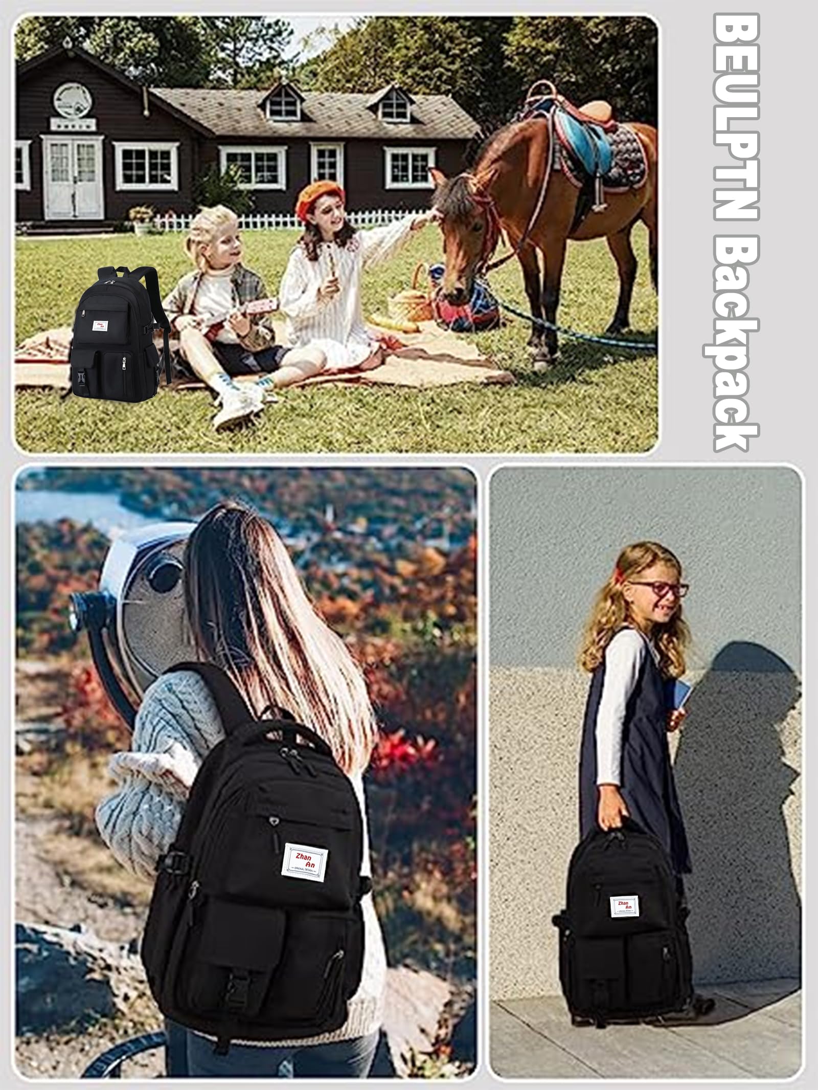 BEULPTN School Backpack for Girls Cute Bookbag for School Teens, Waterproof Travel Backpack for High Middle School Student for Laptop 15.6", Kawaii Casual Daypack Book Bag Black