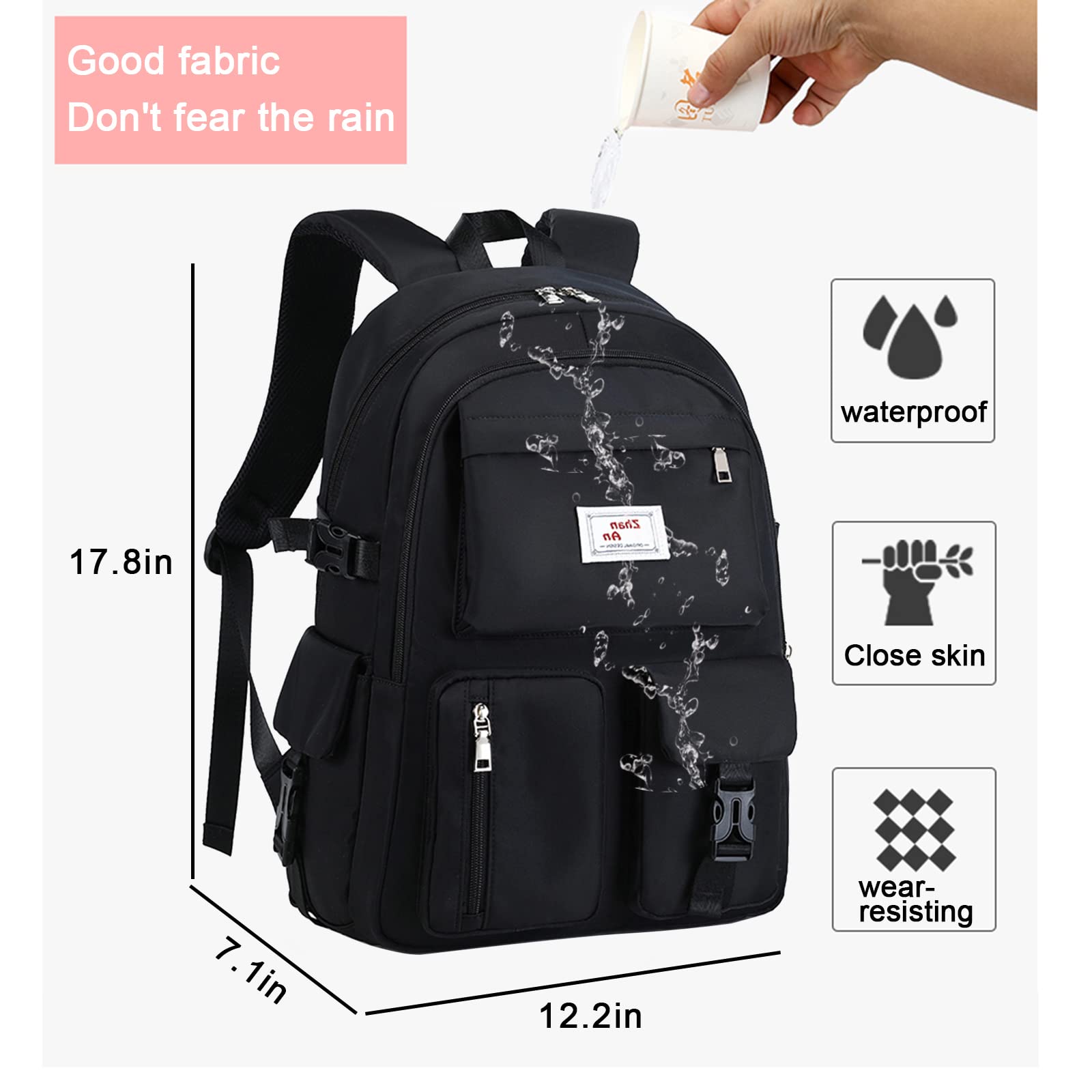 BEULPTN School Backpack for Girls Cute Bookbag for School Teens, Waterproof Travel Backpack for High Middle School Student for Laptop 15.6", Kawaii Casual Daypack Book Bag Black