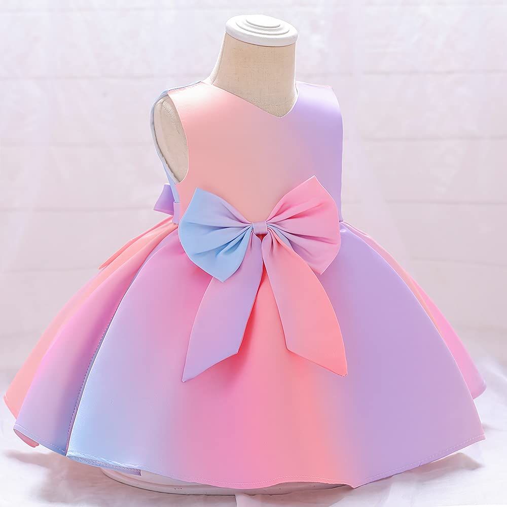 NSSMWTTC Baby Girls Easter Backless Dresses Bowknot Toddler Kid Color Gradient Ruffles Christmas Formal Dress Tutu Frocks (Pink,80)