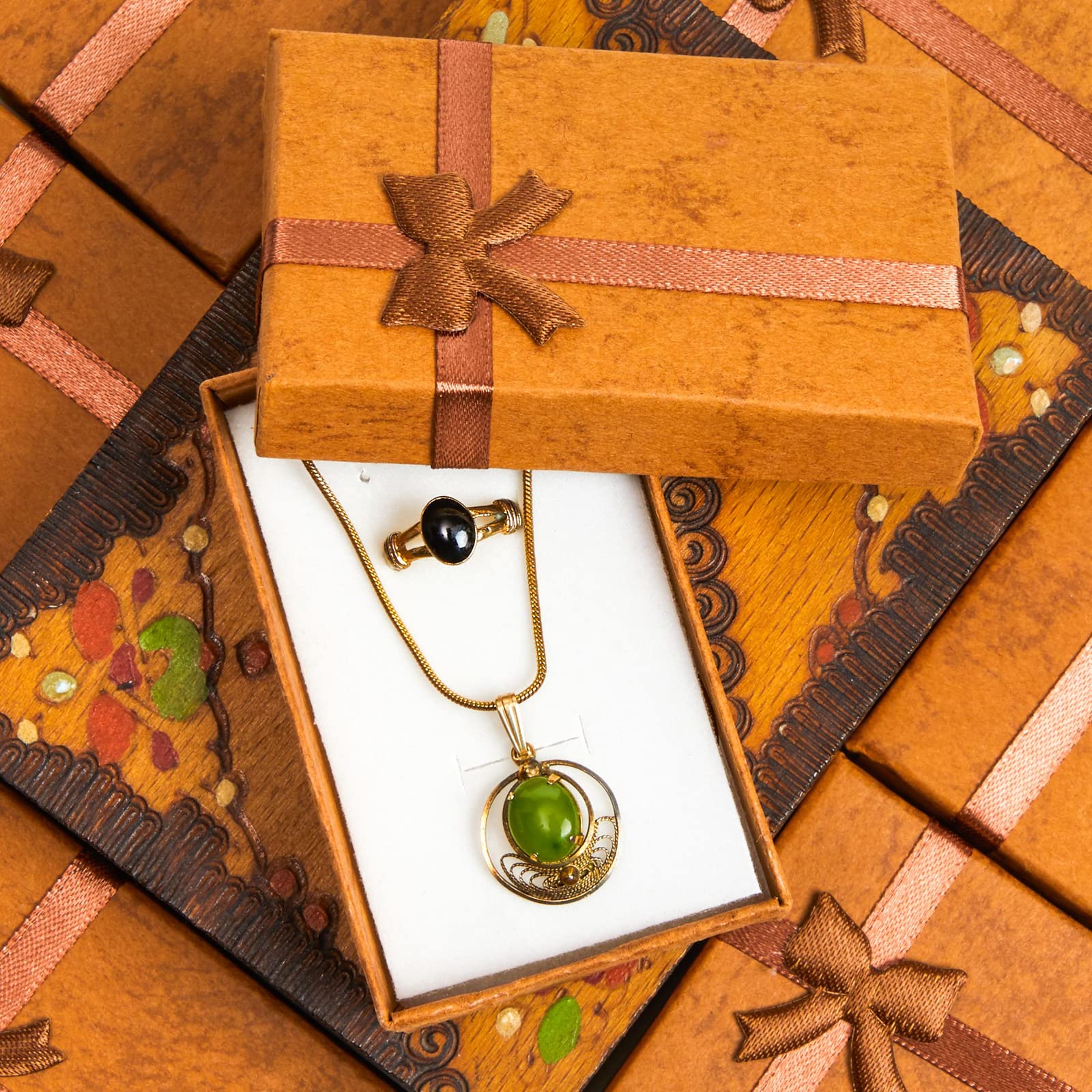 Jewelry Gift Box Set with Lids and Ribbon Bows (Brown, 2 x 3 x 1 In, 16 Pack)