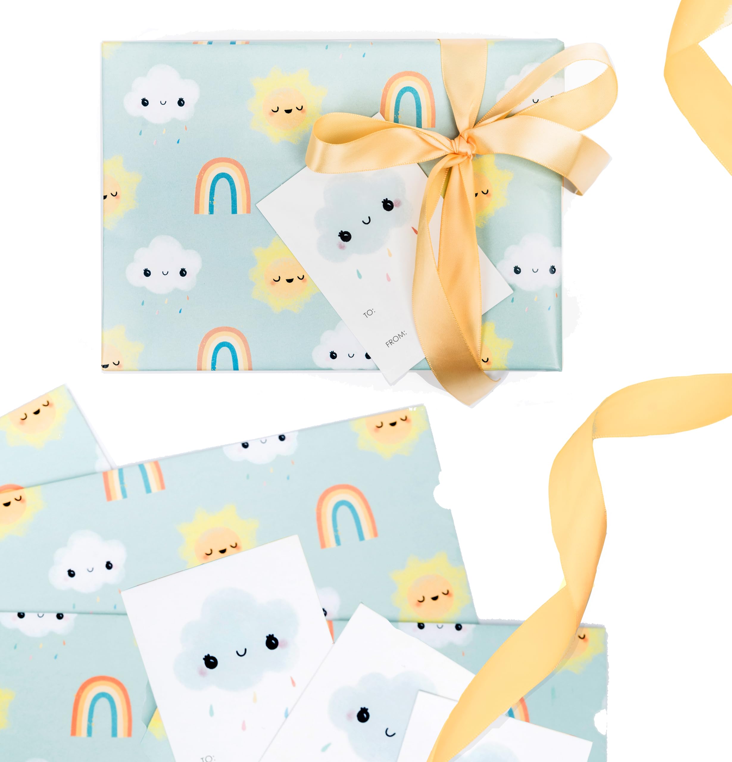 Baby Shower Wrapping Paper Set with ribbon and tags - Baby Gift Wrap Bundle - Perfect for Gender Neutral Baby Gift - Rainbow Wrapping Paper Gift Set w/ Qty. 3 sheets 27” x 39” Folded Baby Gift Wrap (3) + 3 Meters of Yellow Ribbon & 3 Cloud Baby Gift Tags