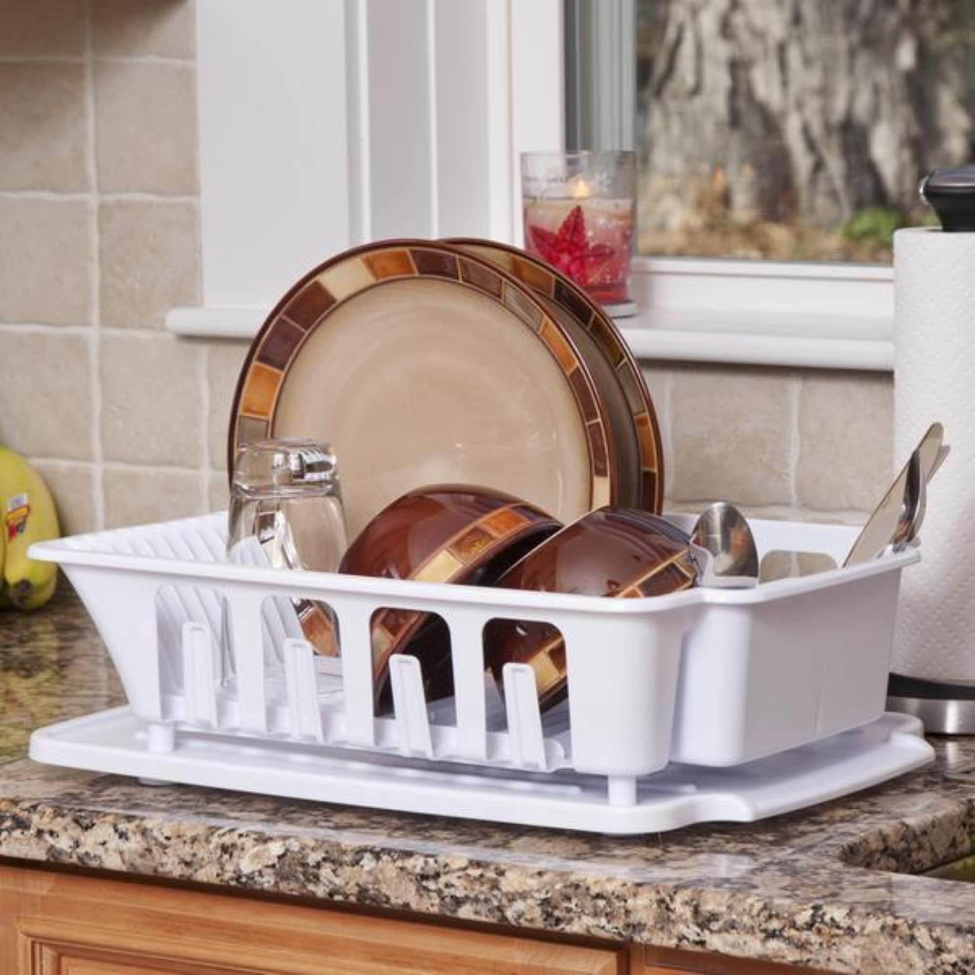 JOEY'Z Extra Large Heavy Duty Sturdy Hard Plastic Sink Set with Dish Rack with Attached Drainboard Cup Holders for Home Kitchen Counter Top Organizer - White (18 3/4" L x 13 3/4" W x 5 1/2")