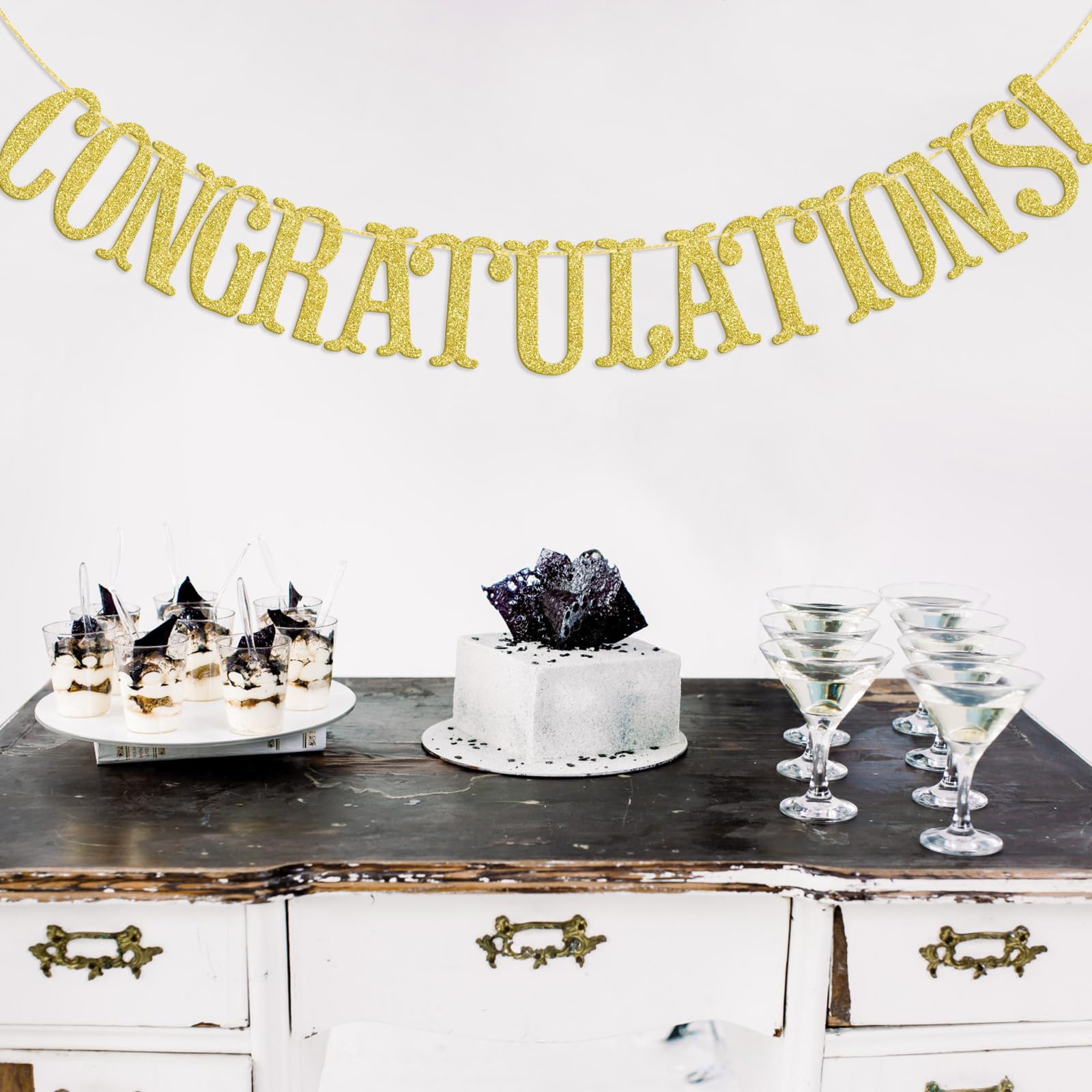 Congratulations Gold Glitter Sign Banner- Graduation, Wedding, Retirement Party Supplies Decorations (Gold)
