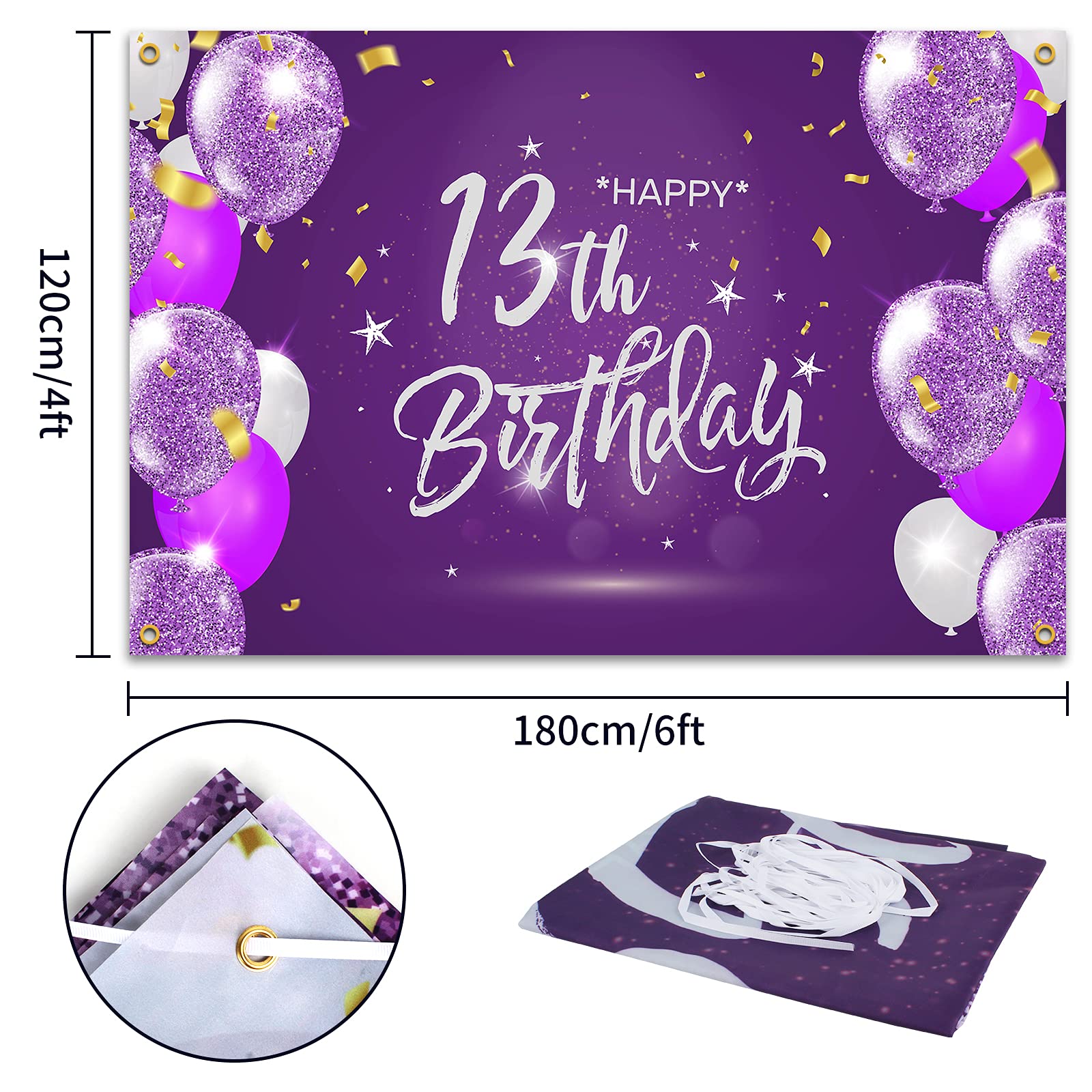 HAMIGAR 6x4ft Happy 13th Birthday Banner Backdrop - 13 Years Old Birthday Decorations Party Supplies for Girls - Purple