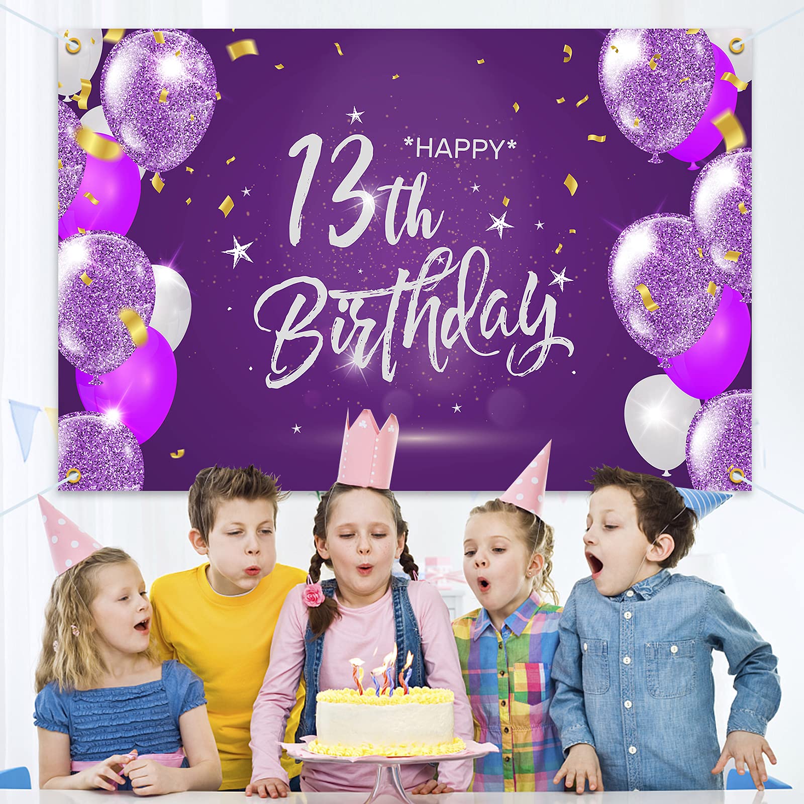 HAMIGAR 6x4ft Happy 13th Birthday Banner Backdrop - 13 Years Old Birthday Decorations Party Supplies for Girls - Purple