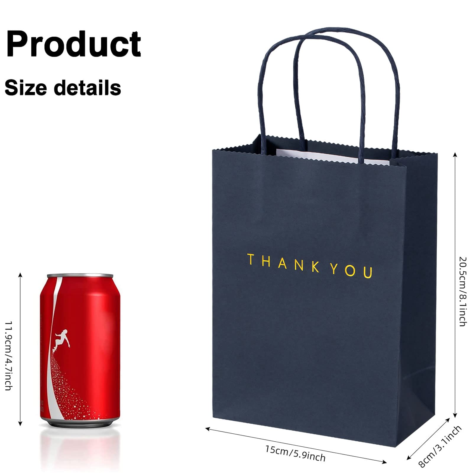 driew Thank You Gift Bags 50 Pack, 5.9 x 3.1 x 8.3'' Navy Blue Paper Bags with Handles for Retail, Wedding,Party, Shopping