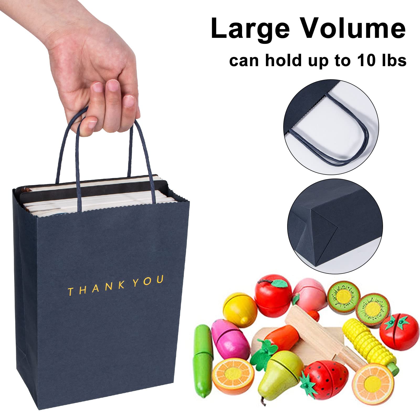 driew Thank You Gift Bags 50 Pack, 5.9 x 3.1 x 8.3'' Navy Blue Paper Bags with Handles for Retail, Wedding,Party, Shopping