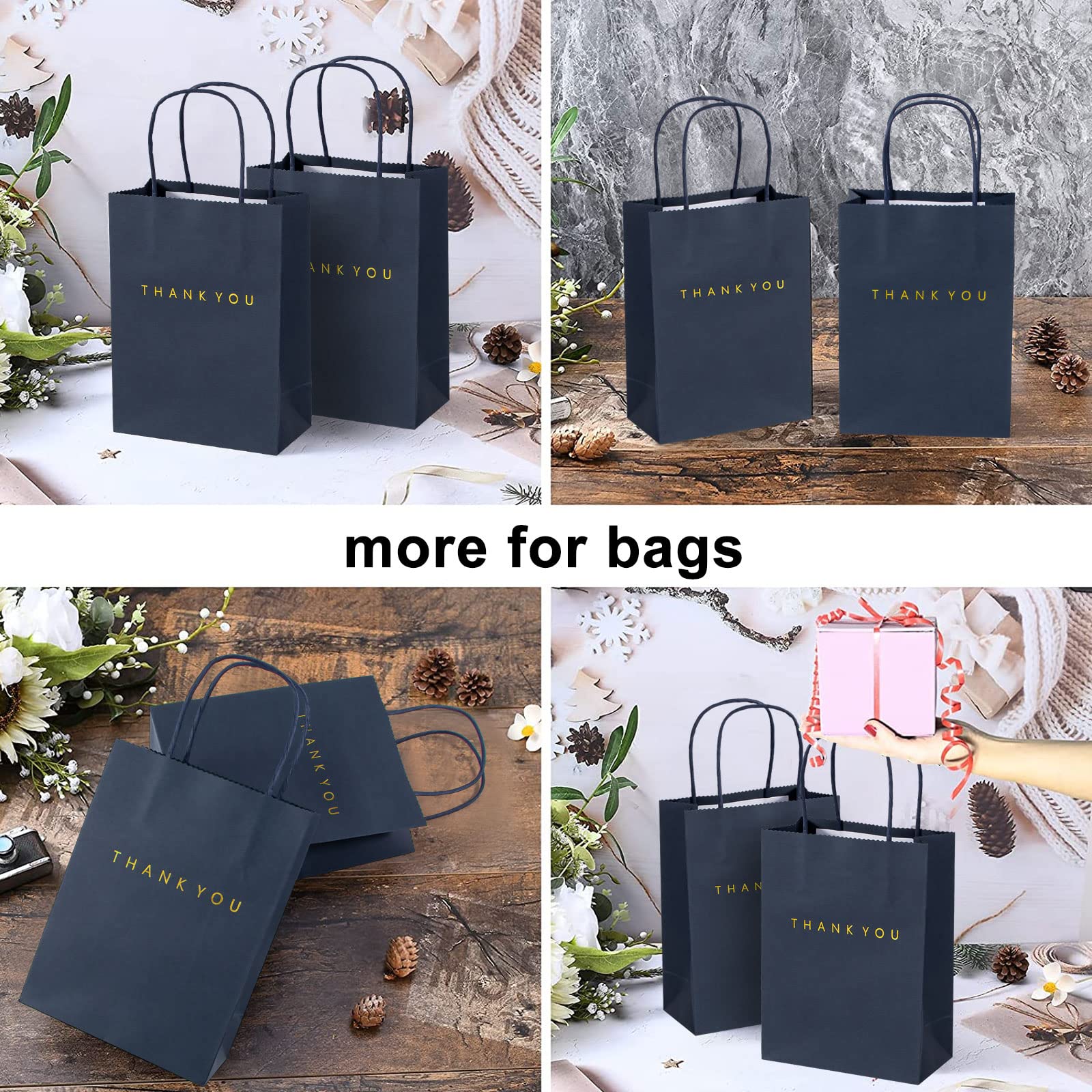 driew Thank You Gift Bags 50 Pack, 5.9 x 3.1 x 8.3'' Navy Blue Paper Bags with Handles for Retail, Wedding,Party, Shopping