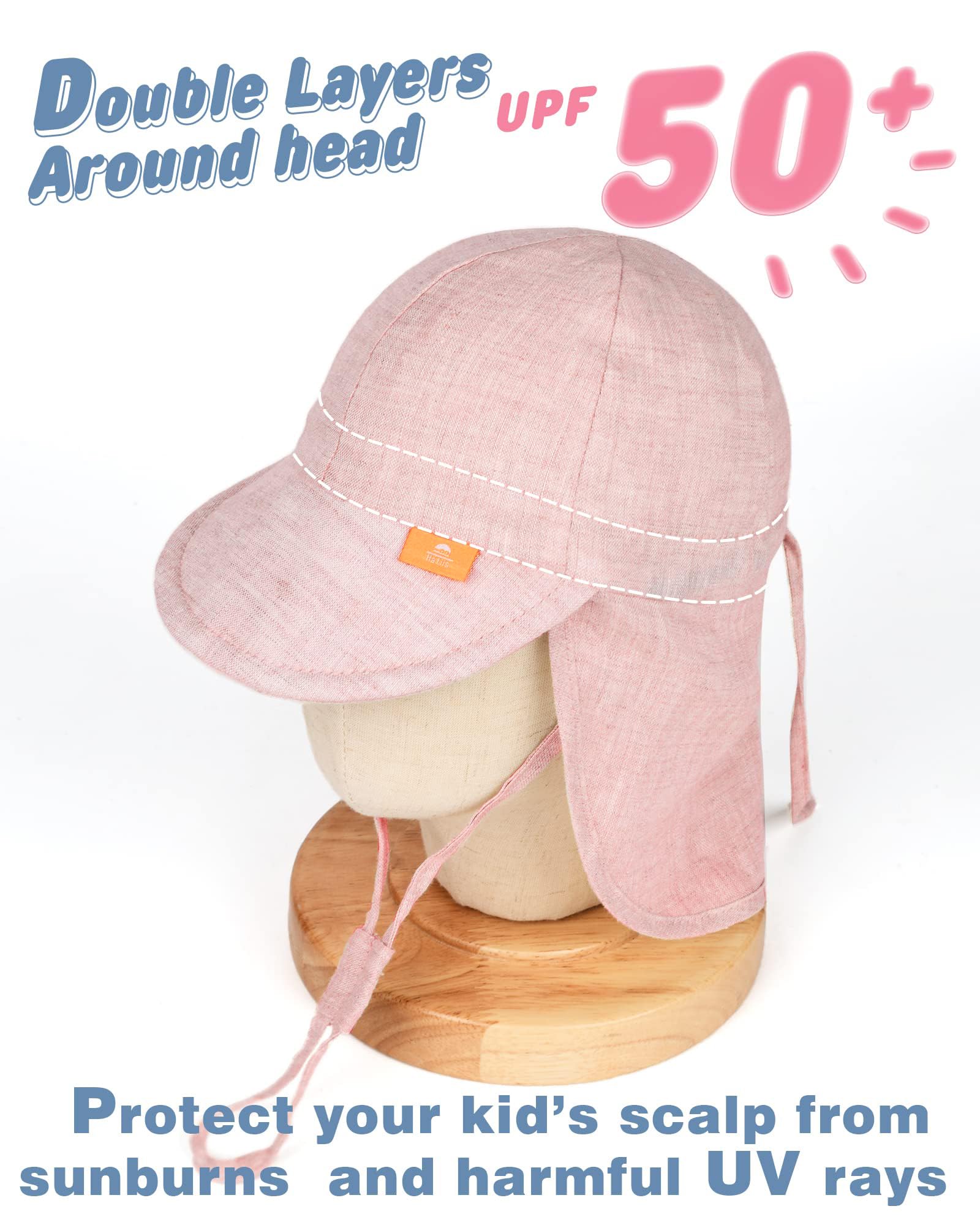 Baby Sun Hat Summer Baby Hats with Neck Flap Linen Breathable Infant Boy Girl Sun Hat Lightweight Packable Baby Swim Hat Pink