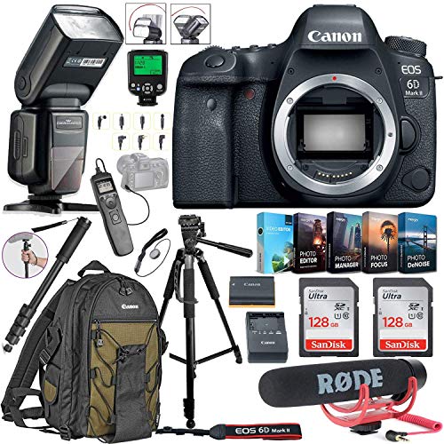 Canon EOS 6D Mark II DSLR Camera (Body Only) Bundle Includes 2X 128GB Memory, TTL Auto Flash, Canon Backpack, Rode Microphone, Time Remote with LCD, Photo/Video Software Package & More (Renewed)
