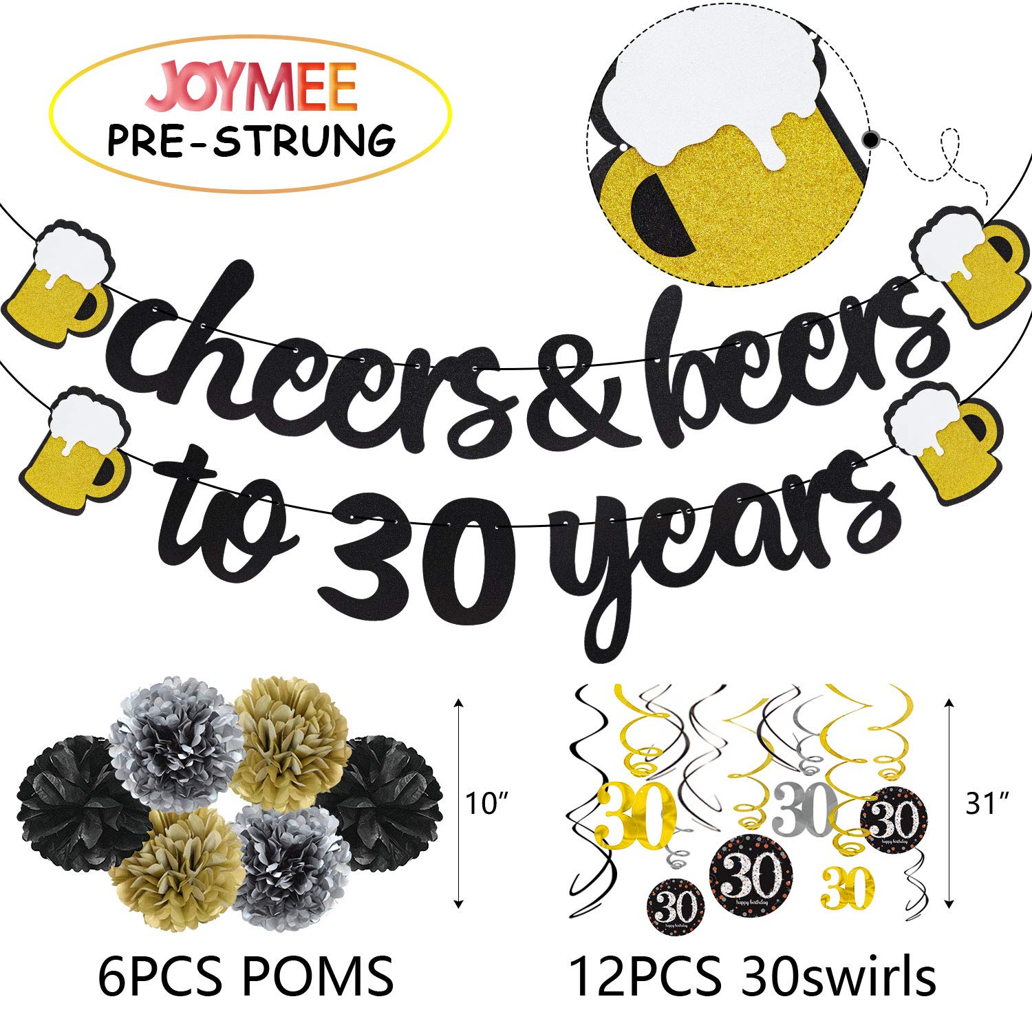 30 Years Anniversary Decorations - Cheers & Beers to 30 Years Banner with Pom Poms 30th Sparkling Hanging Streamers for 30th Birthday Wedding Party Supplies Decorations - PRESTRUNG